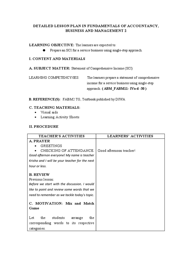 Detailed Lesson Plan in Fundamentals of Accountancy | PDF | Expense ...