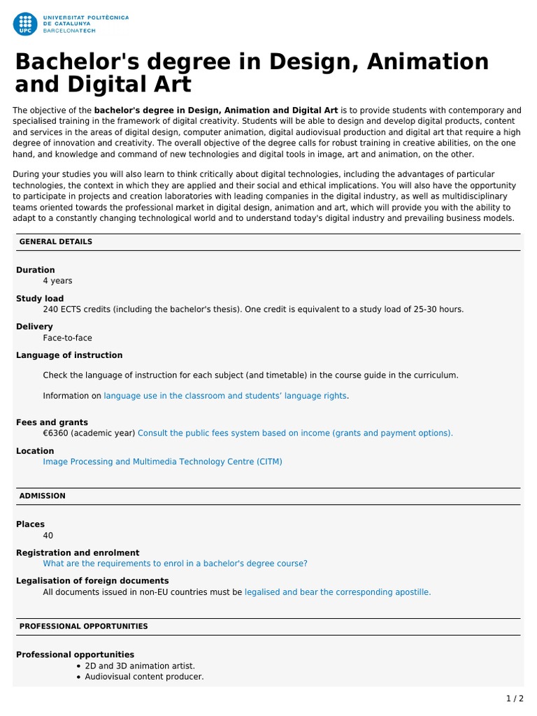 Bachelor's Degree in Design, Animation and Digital Art (CITM) | PDF ...