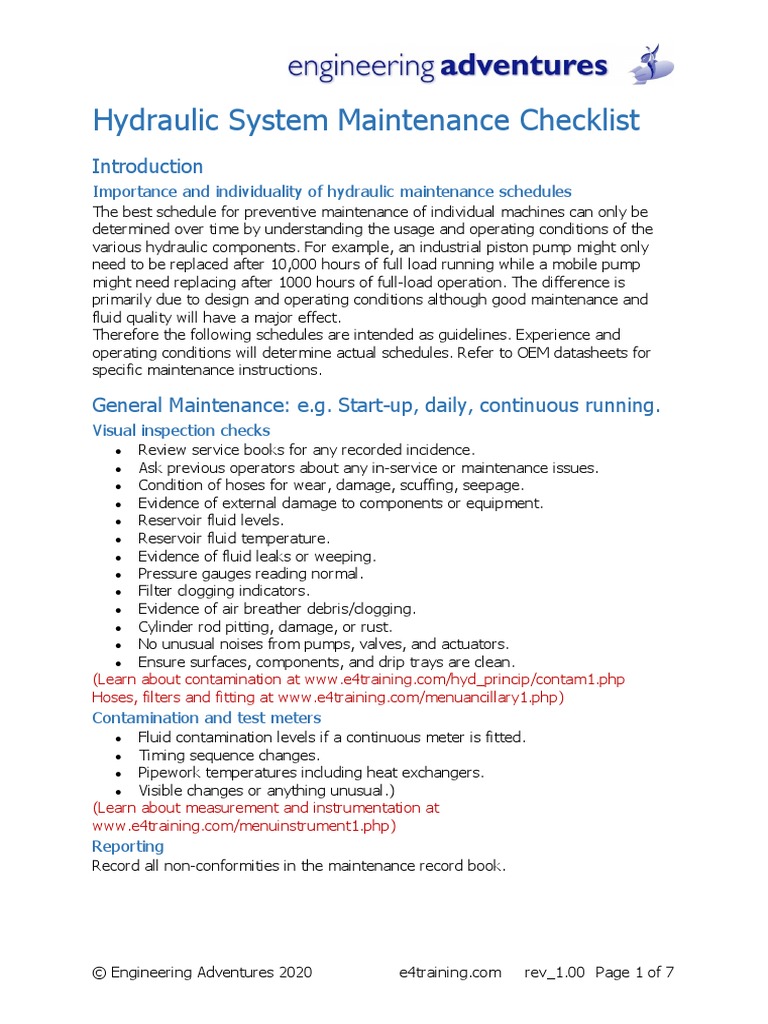 Maintenance Check List of Hydraulic | PDF | Leak | Pump