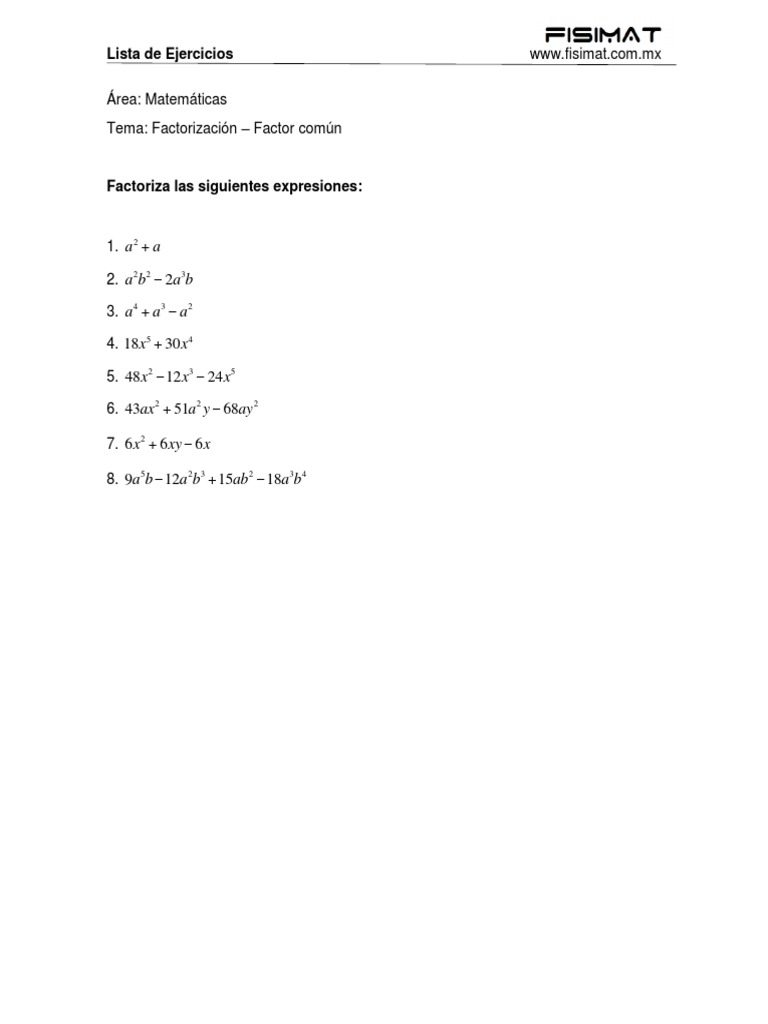 Factorización - Factor Común - Ejercicios | PDF