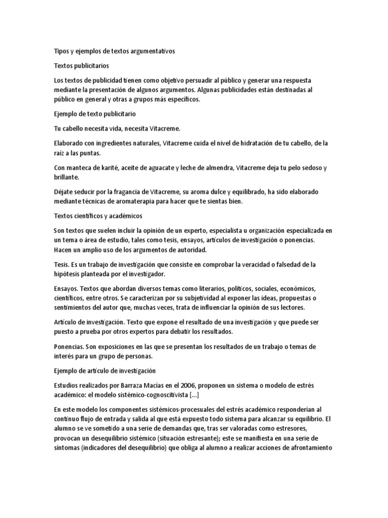 Tipos y Ejemplos de Textos Argumentativos | PDF | Ensayos | Demanda ...