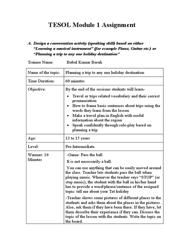 TESOL Lesson Plan: Travel Planning Activity | PDF | Learning | Cognition