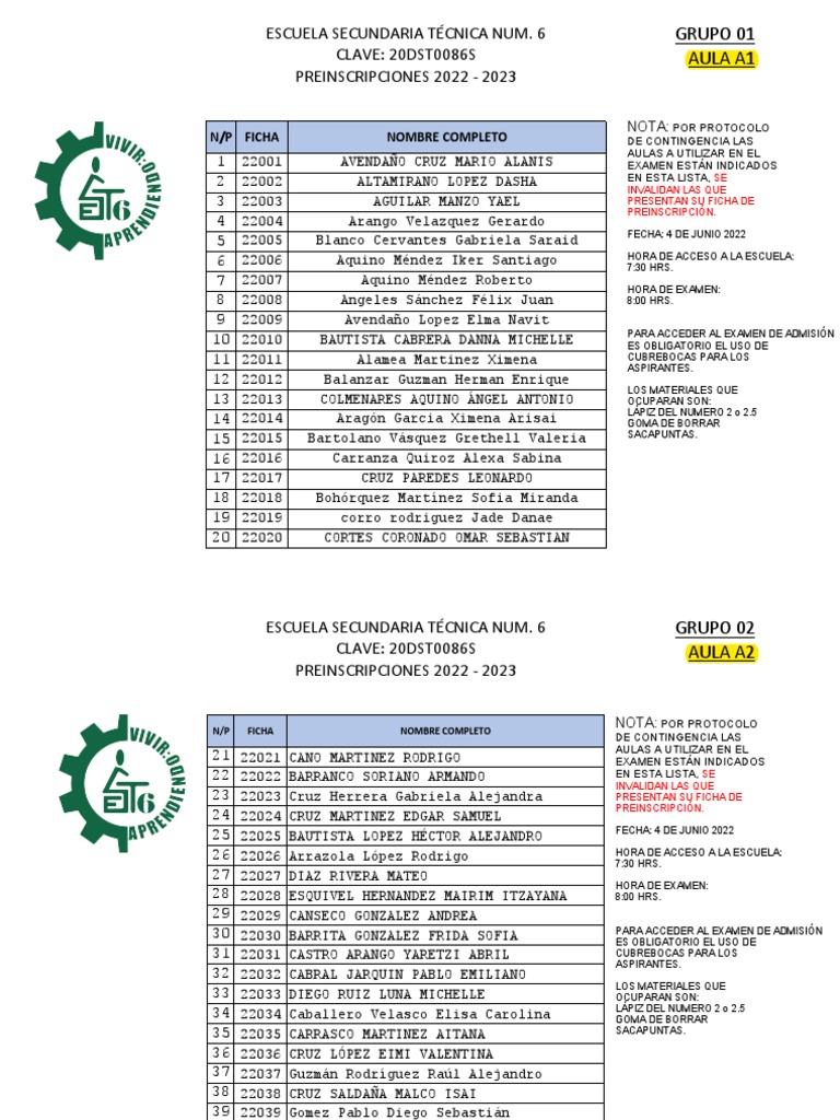 Lista de Aspirantes y Ubicacion en Aulas TEC6 2022 23 | PDF | Equipo ...