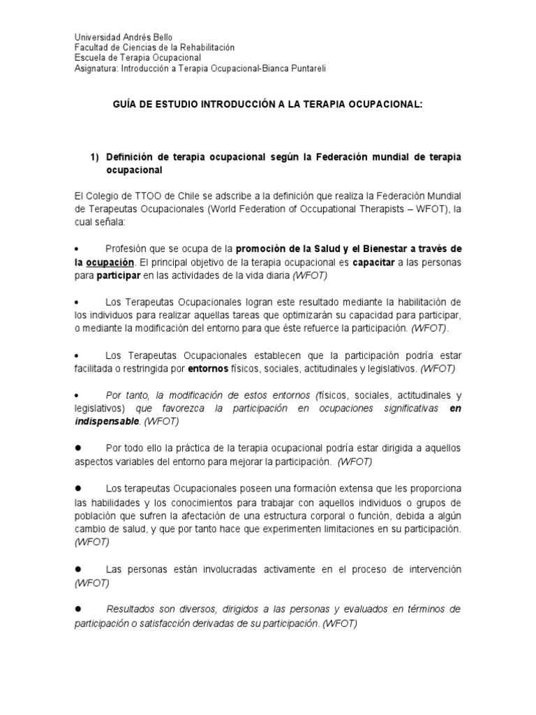 Guía de Estudio Introducción A La Terapia Ocupacional Viña | PDF