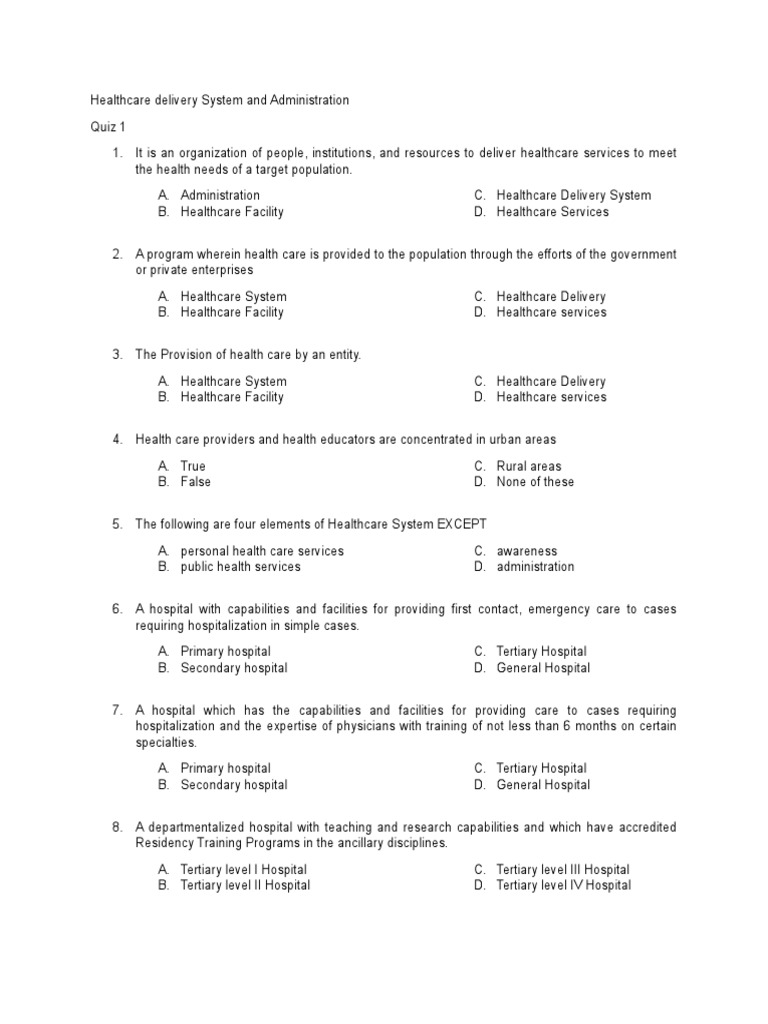 Healthcare Delivery System Quiz | PDF | Health Care | Hospital