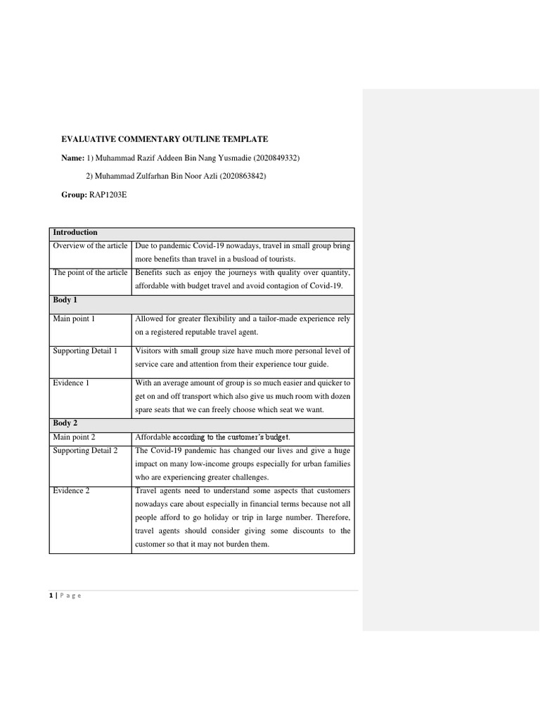 Full Evaluative Commentary Outline Templete - Benefits Travel in Small ...