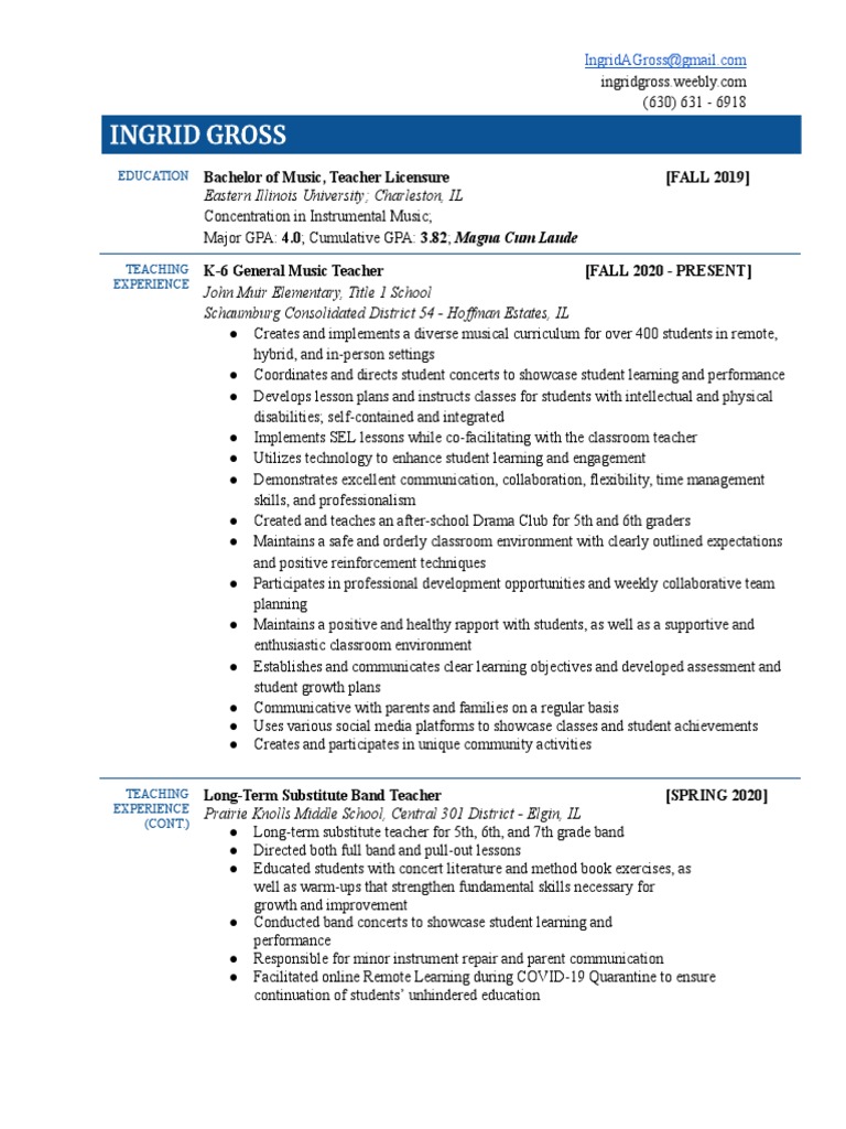 Ingrid Gross Resume 2023 | PDF | Teachers | Music Education