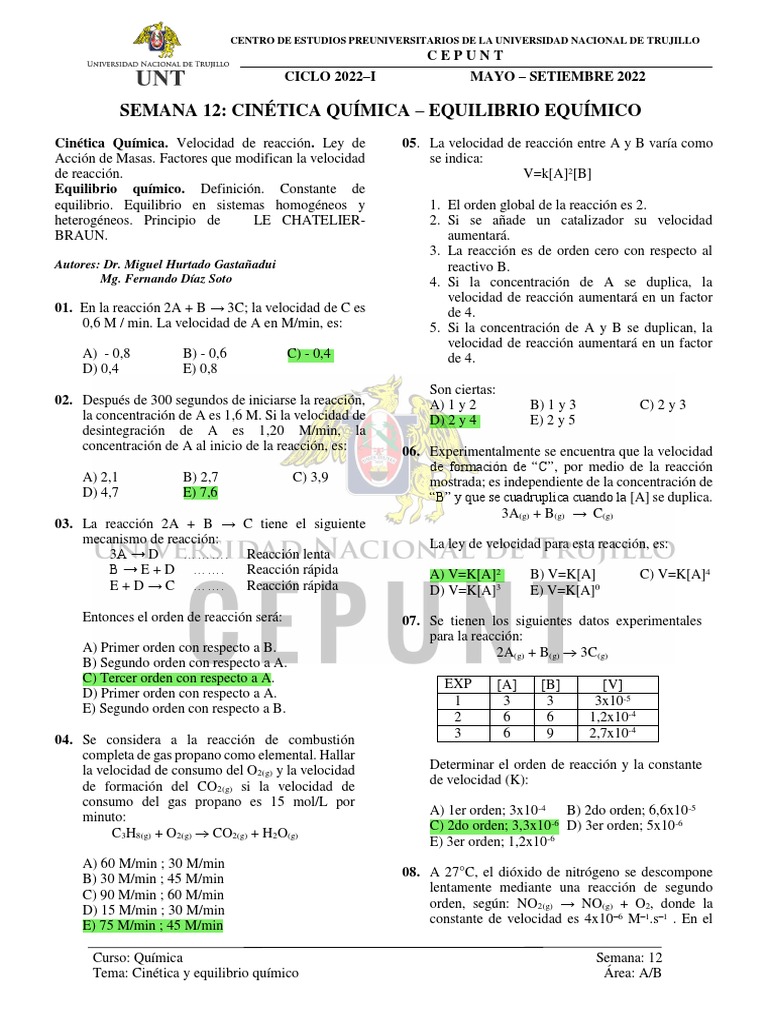 Sesion 12 Practica Cinetica y Equilibrio Quimico | PDF | Equilibrio químico | Cinética química