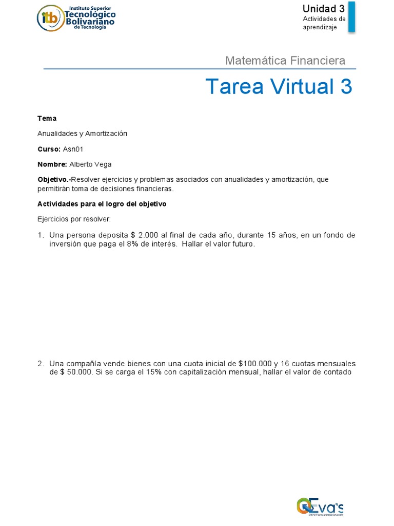 Tarea Virtual 3 Matematica Financiera - PDF VEGA | PDF