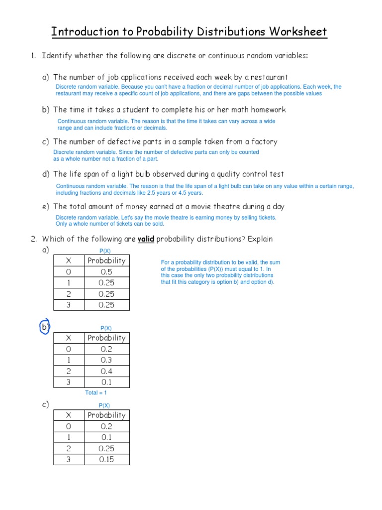 Introduction To Probability Distributions Worksheet | PDF