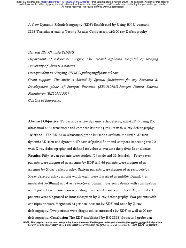 A New Dynamic Echodefecography (EDF) Established by Using BK Ultrasound ... A New Dynamic Echodefecography (EDF) Established by Using BK Ultrasound ...