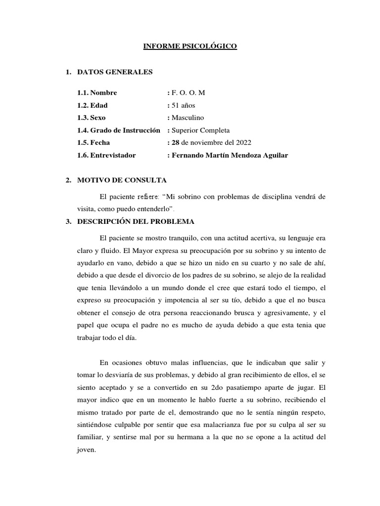 Modelo de Informe Psicológico | PDF | Relaciones personales, crianza y desarrollo personal ...