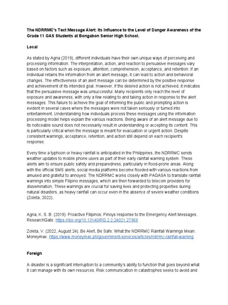 RRL The NDRRMCs Text Message Alert Its Influence To The Level of Danger ...