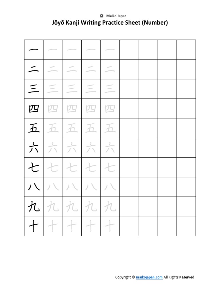 Joyo Kanji Practice Sheet by Concept (Number) | PDF