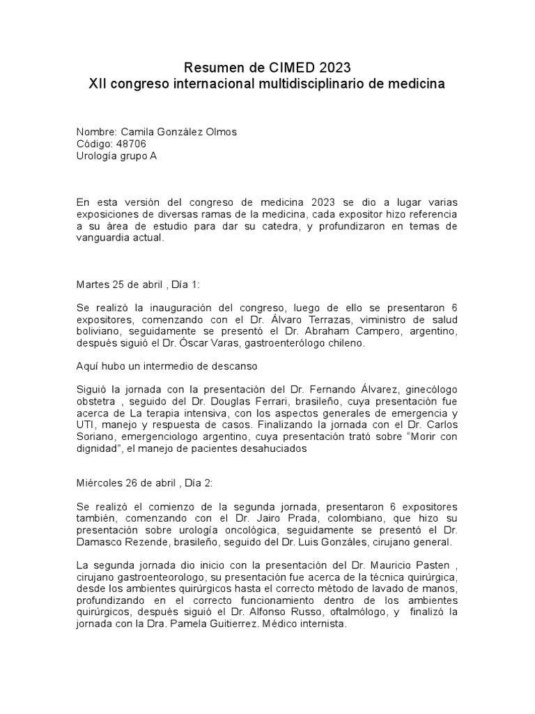 Resumen de CIMED 2023 XII Congreso Internacional Multidisciplinario de Medicina | PDF | Medicina ...