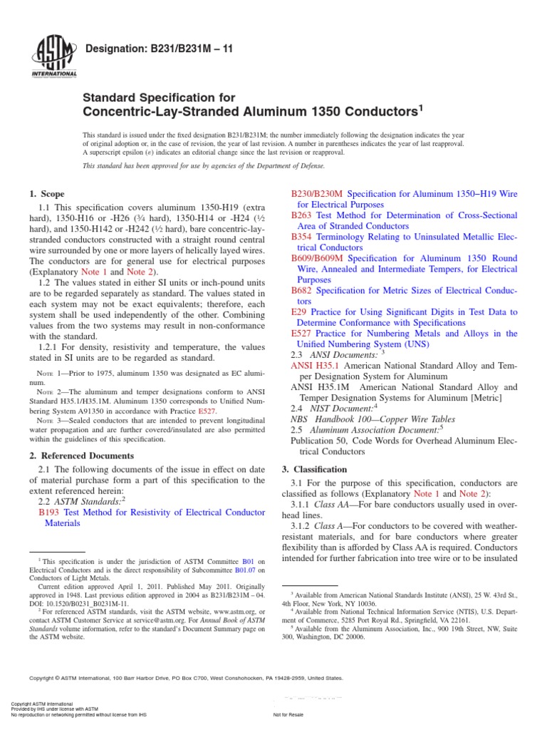 Astm B231 - 2011 - 152386622537 | PDF | Electrical Conductor | Wire