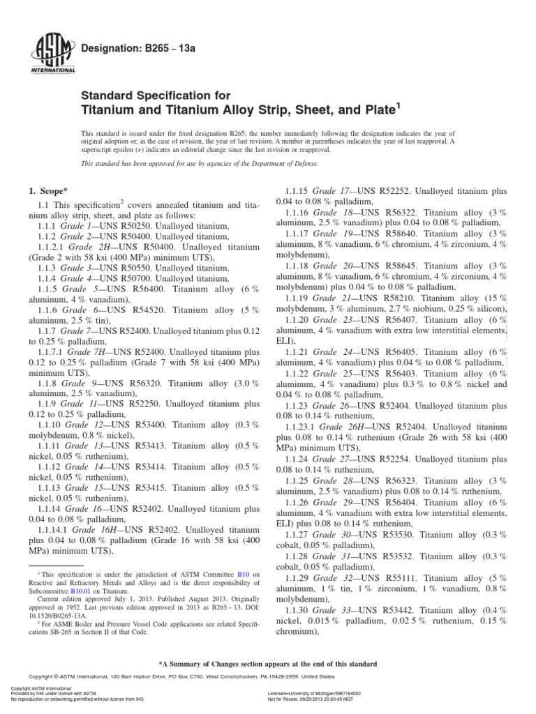 ASTM B265 - 13a | PDF | Titanium | Analytical Chemistry