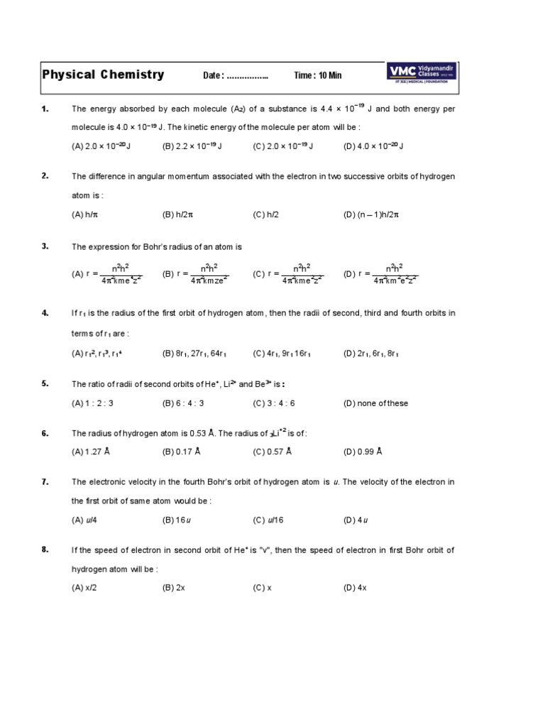 14.06.23 Physical Chemistry Class 11 | PDF | Electron | Atoms