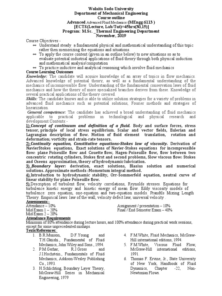 Course Outline Advanced Fluid Mechanics | PDF | Fluid Mechanics | Fluid Dynamics