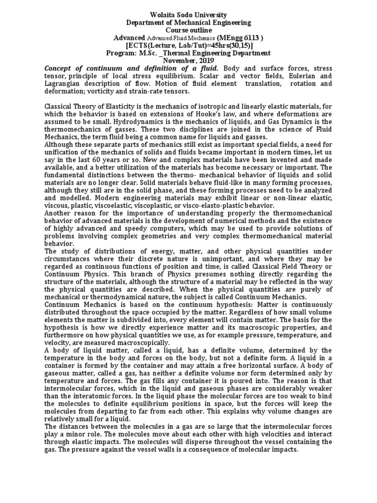 Advanced Fluid Mechanics Lecture Notes | PDF | Gases | Continuum Mechanics