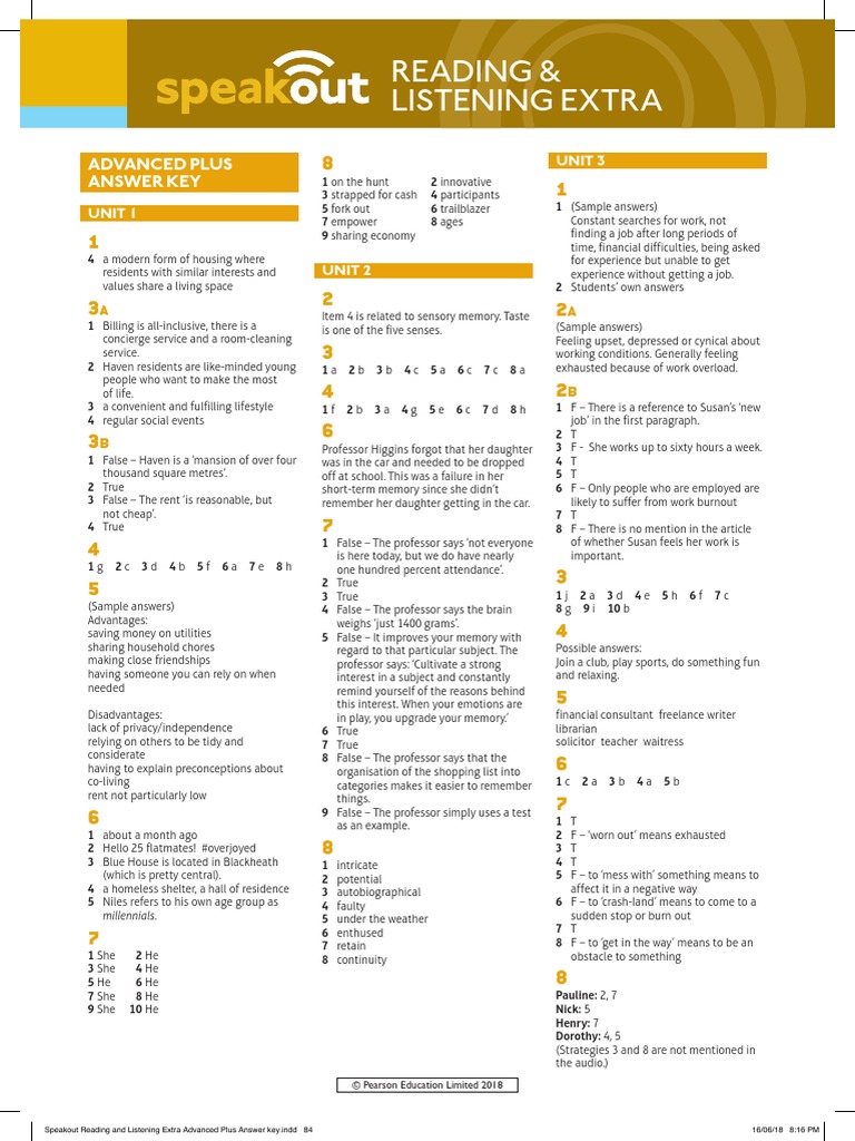Speakout Reading and Listening Extra Advanced Plus Answer Key | PDF ...