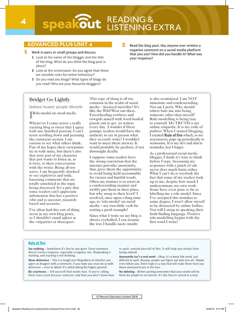 Speakout Reading and Listening Extra Advanced Plus Unit 4 | PDF | Blog | Social Media