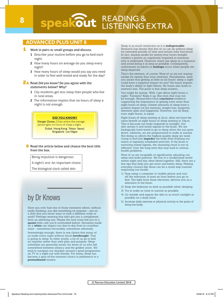 Speakout Reading and Listening Extra Advanced Plus Unit 8 | PDF | Sleep ...