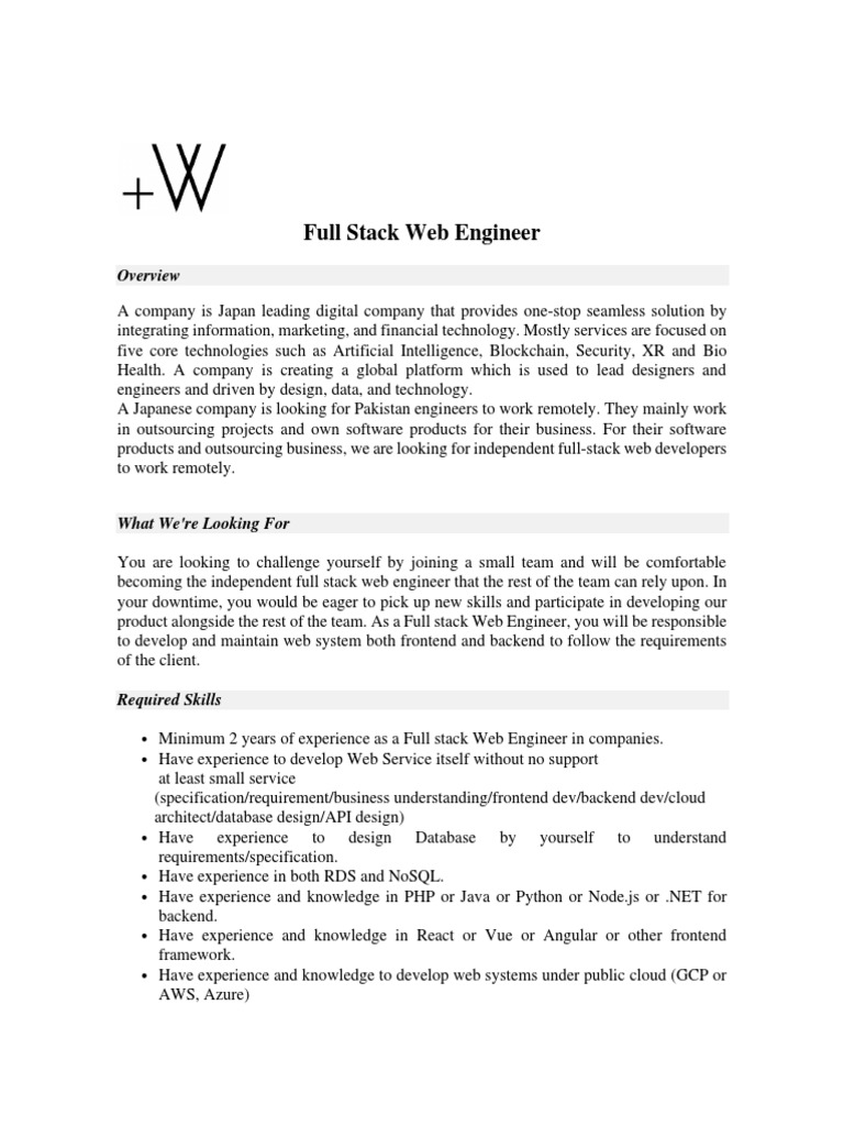 JD - Full Stack Web Engineer | Download Free PDF | Information Technology | Computer Science