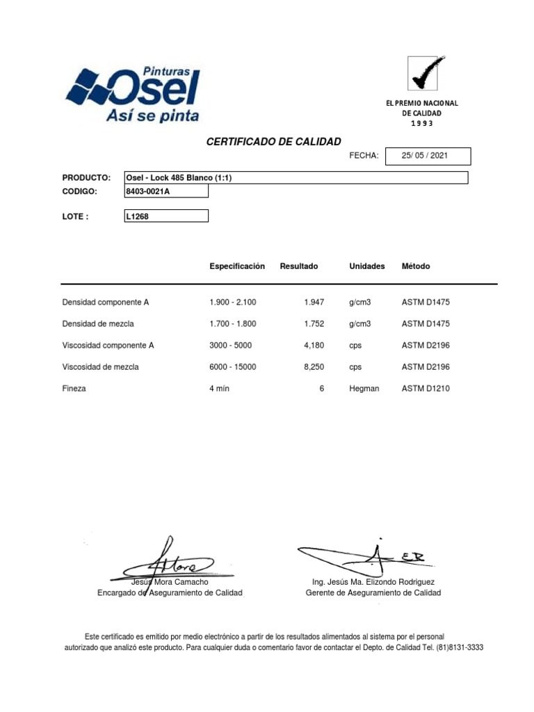 Certificado de Calidad: Producto: Osel - Lock 485 Blanco (1:1) Codigo ...