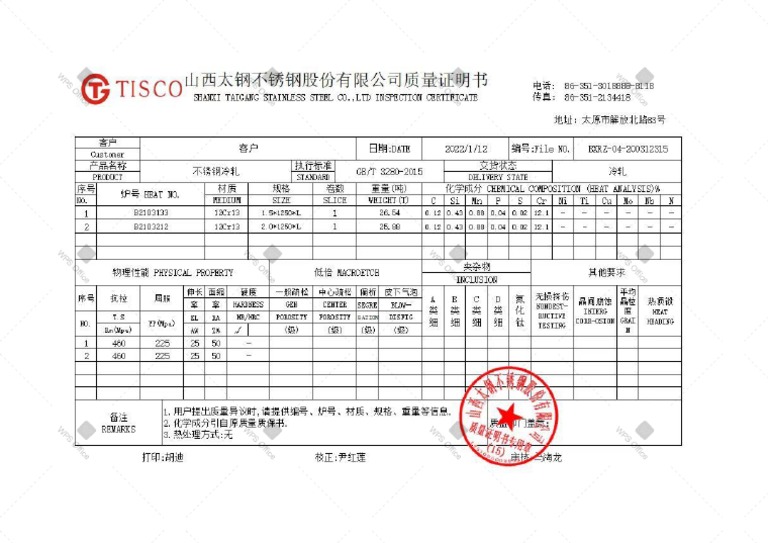 Stainless Steel Certificate | PDF