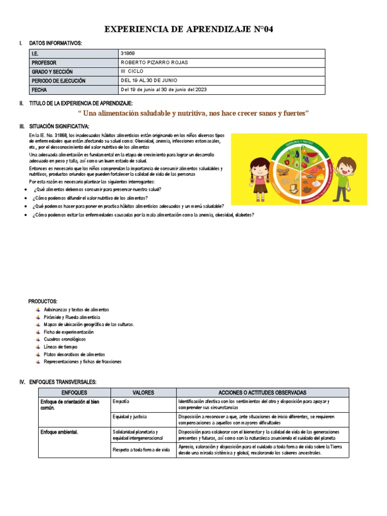 III CICLO - EXPERIENCIA DE APRENDIZAJE- N° 04 | PDF | Aprendizaje | Alimentos