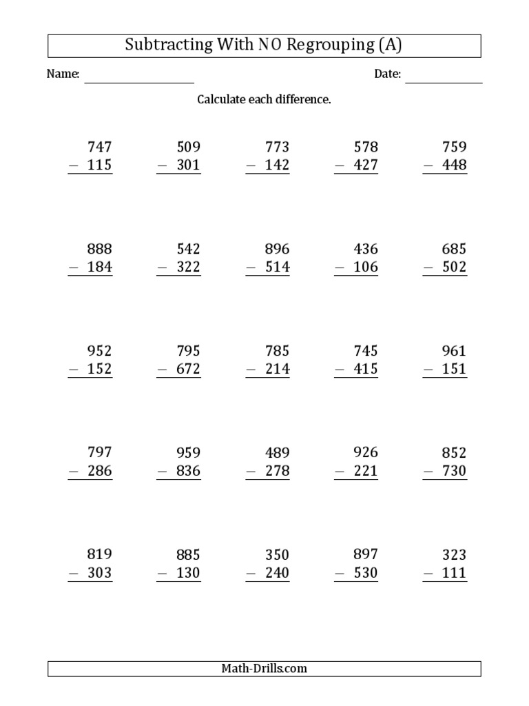Subtraction Worksheet -- 3-Digit Minus 3-Digit Subtraction With NO ...