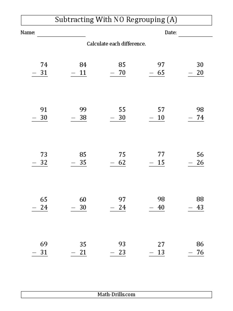 Subtraction Worksheet - 2-Digit Minus 2-Digit Subtraction With NO ...