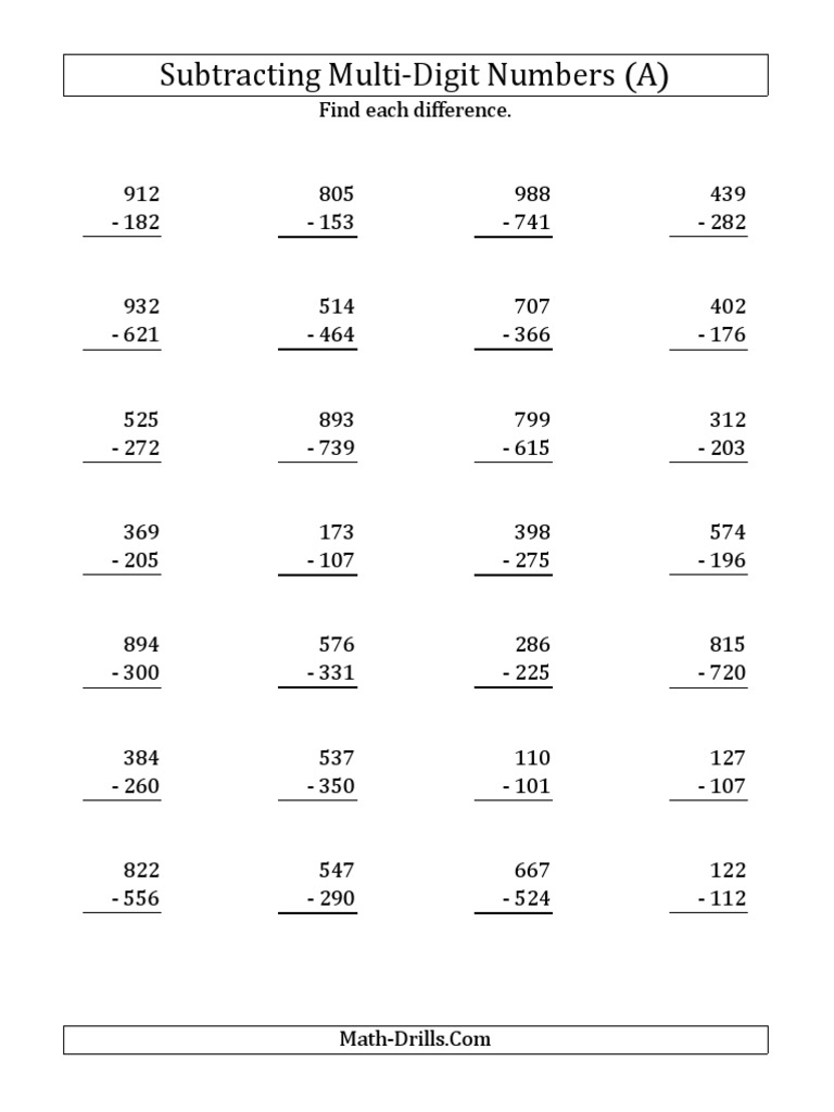 Three-Digit Subtraction Worksheets | PDF