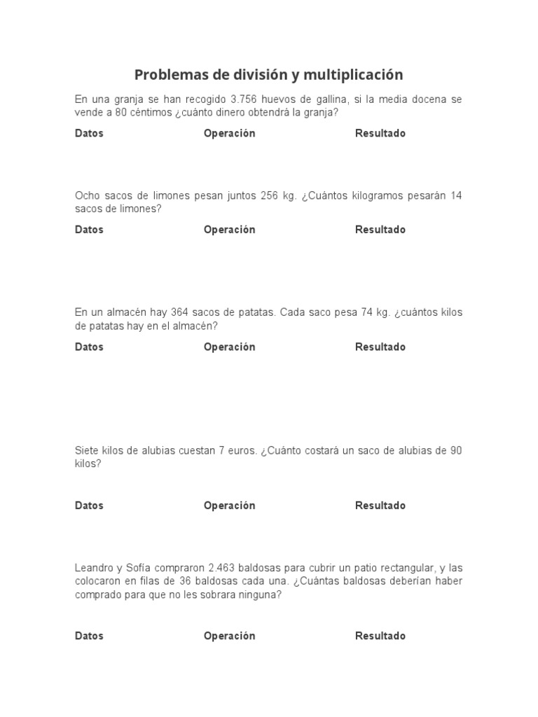 Problemas de División y Multiplicación | PDF | Cocina, comidas y vino