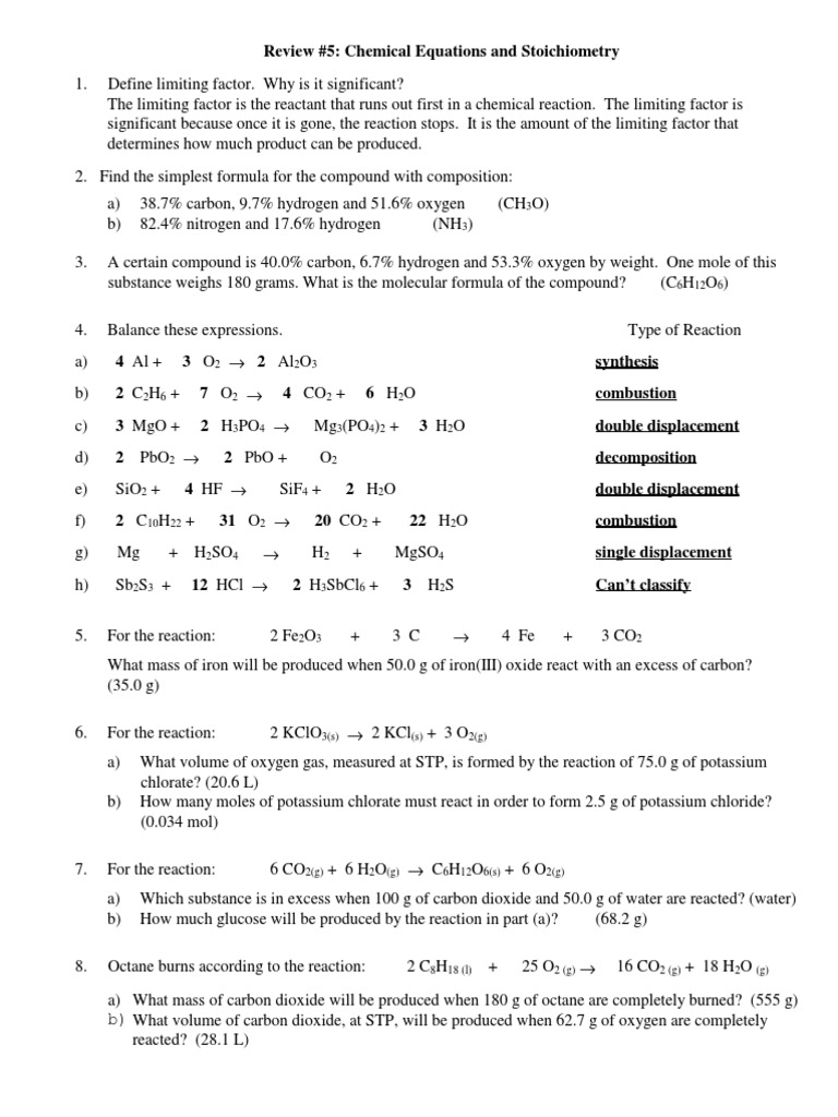 Review #5 (Answers) Chemical Equations and Stoichiometry | PDF