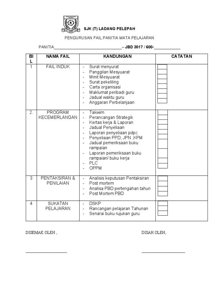 BORANG PENYEMAKAN FAIL PANITIA | PDF