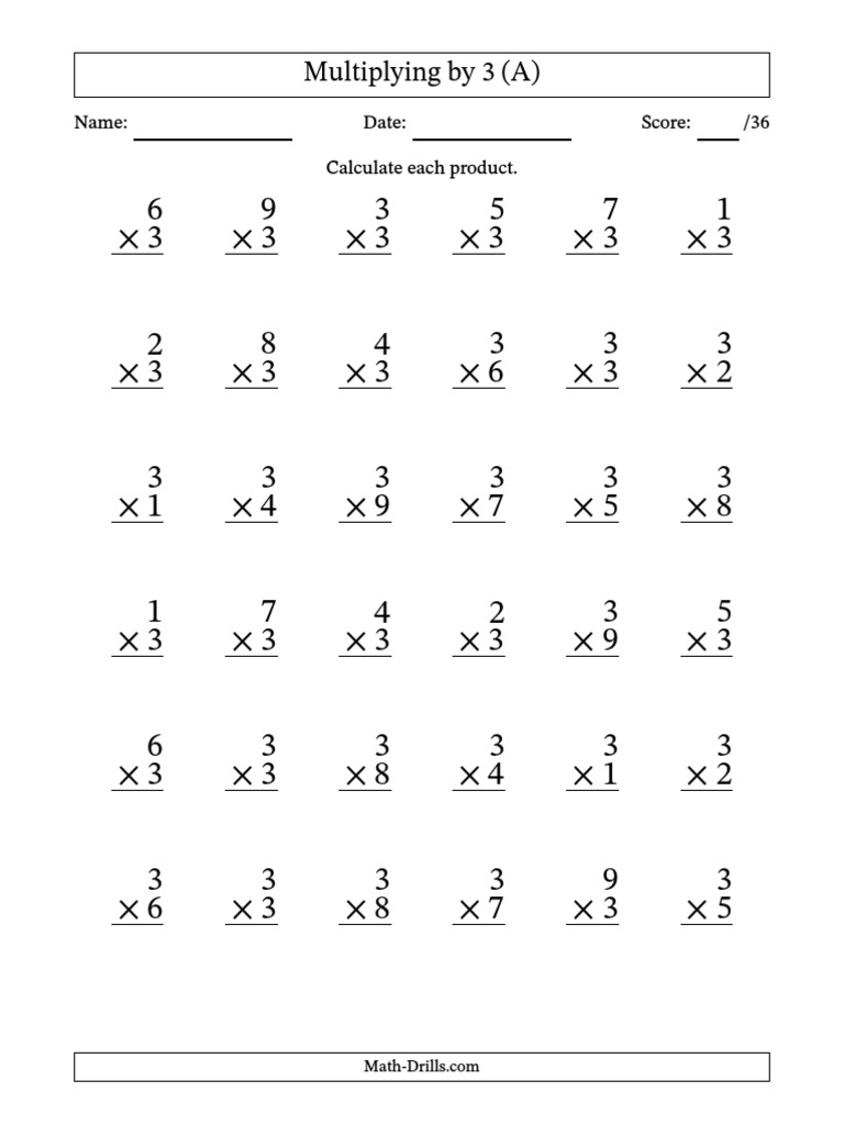 Multiplication Worksheet - Multiplying (1 To 9) by 3 (36 Questions ...