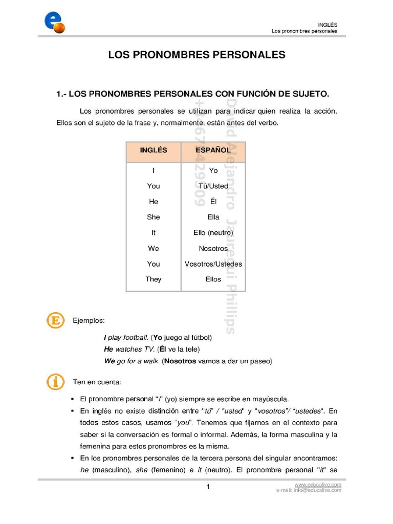 Leccion 1 Los Pronombres Personales | PDF