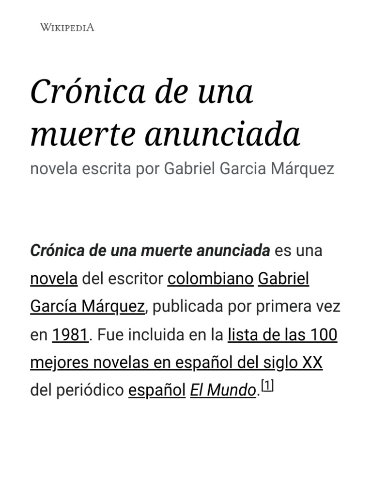 Crónica de Una Muerte Anunciada - Wikipedia, La Enciclopedia Libre | PDF