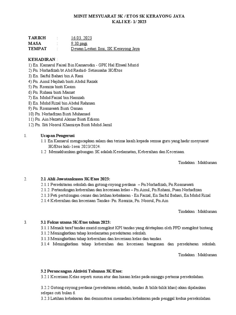 MINIT MESYUARAT 3K KALI KE 1 2023 | PDF
