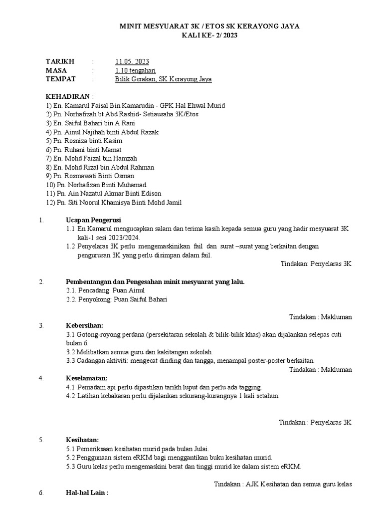 Minit Mesyuarat 3K Kali Ke 2 2023 | PDF