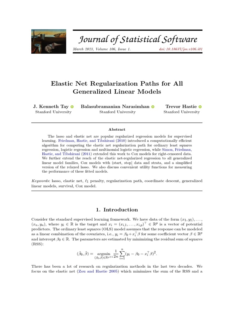 Journal of Statistical Software: Elastic Net Regularization Paths For All Generalized Linear ...