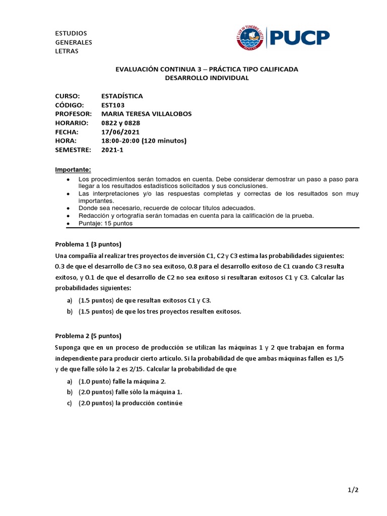 EST103 EC3-PC - DesarrolloIndividual 2021-1 | PDF | Variable aleatoria | Science