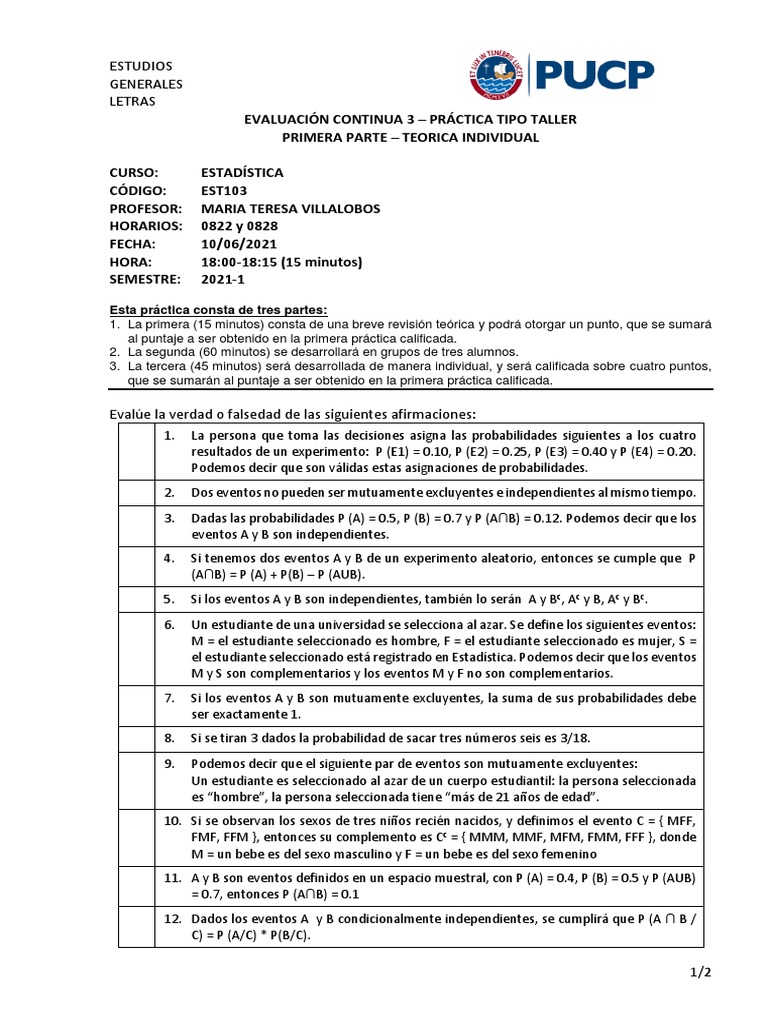 EST103 EC3-PT1_TeoricaIndividual 2021-1 | PDF | Probabilidades y estadísticas