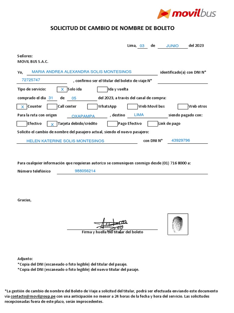 Formato Cambio de Nombre Movil Bus | PDF