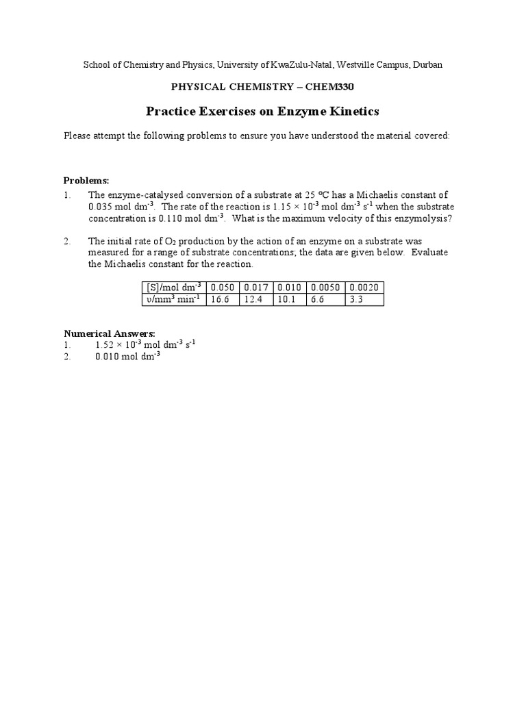 Enzyme Kinetics Practice Problems | PDF