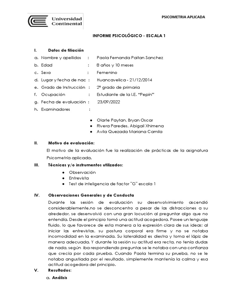 INFORME - Cattell Escala 1 y 2 | PDF | Cociente de inteligencia | Inteligencia