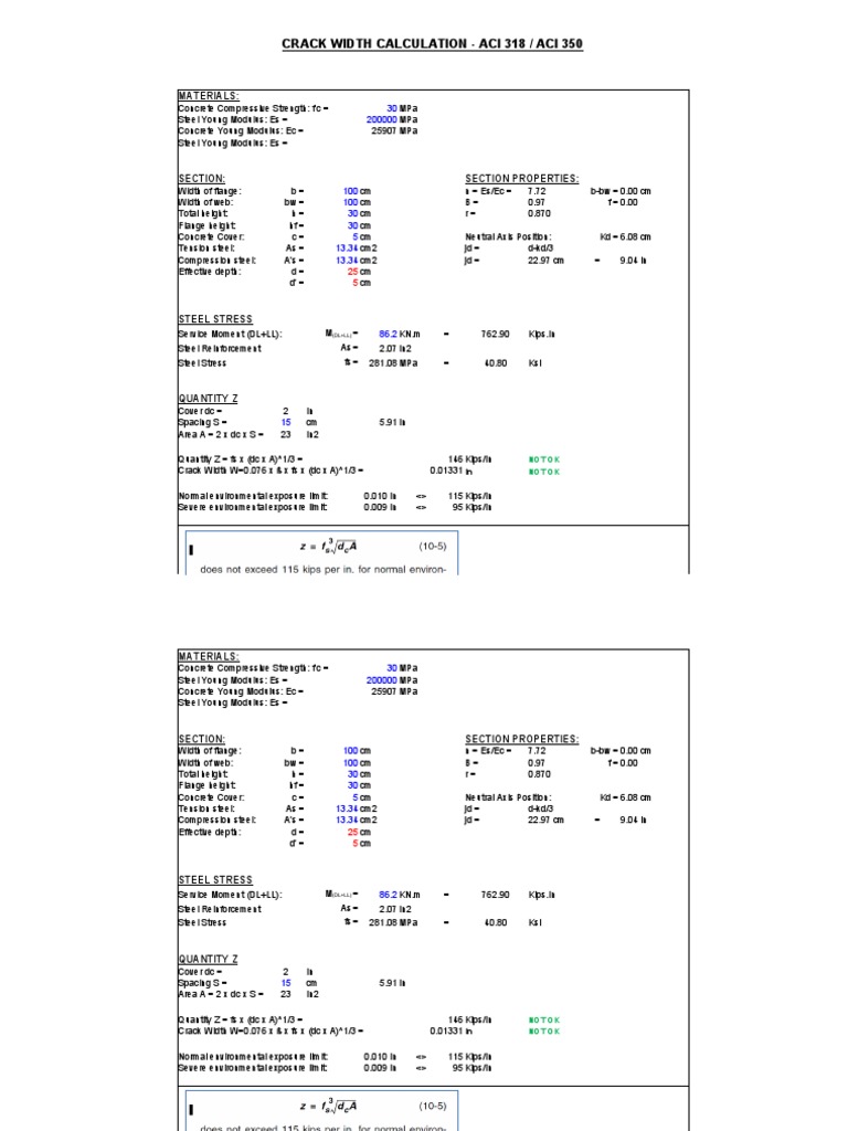 ACI 350-CRACK WIDTH CALCULATION | PDF | Young's Modulus | Concrete
