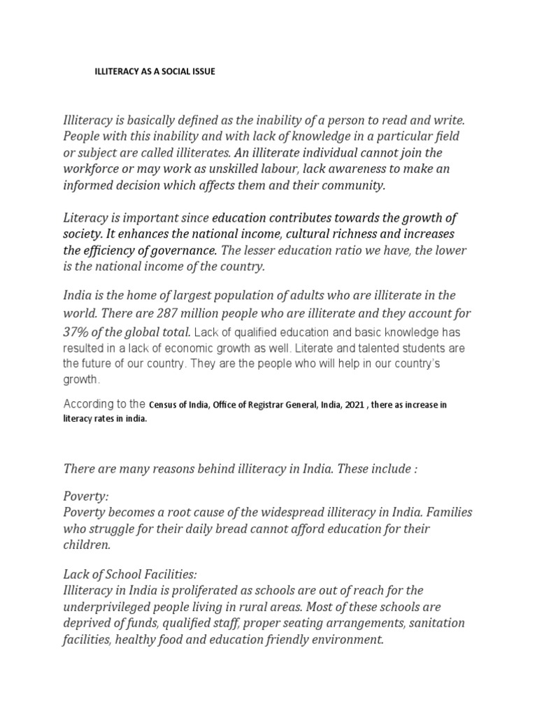 Illiteracy As A Social Issue | PDF | Literacy | Poverty